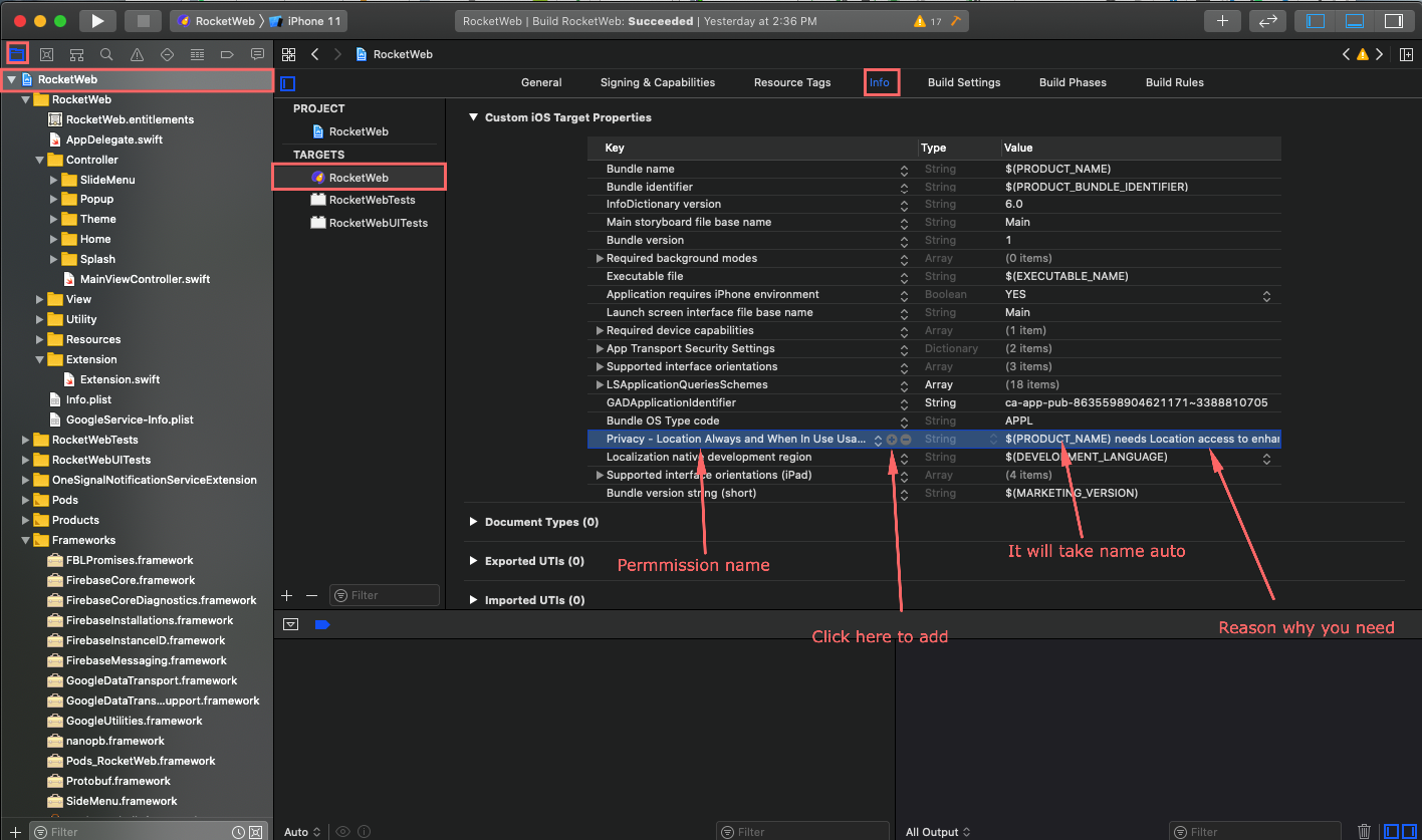 RocketWeb iOS crush when don’t get permission (Info.plist) | Rocketweb