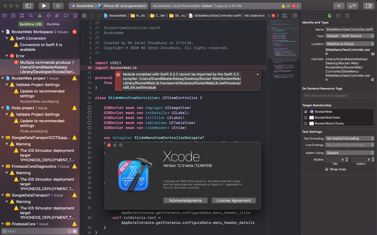 Error: Module compiled with Swift 5.2.2 cannot be imported by the Swift 5.3 compiler | Rocketweb